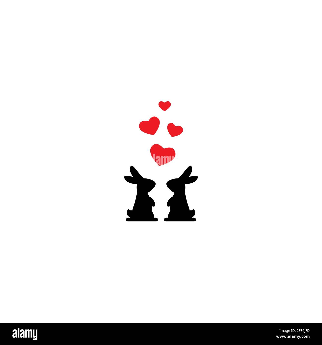 two black cute bunnies with hearts. Love, romantic, amour icon. rabbits ...