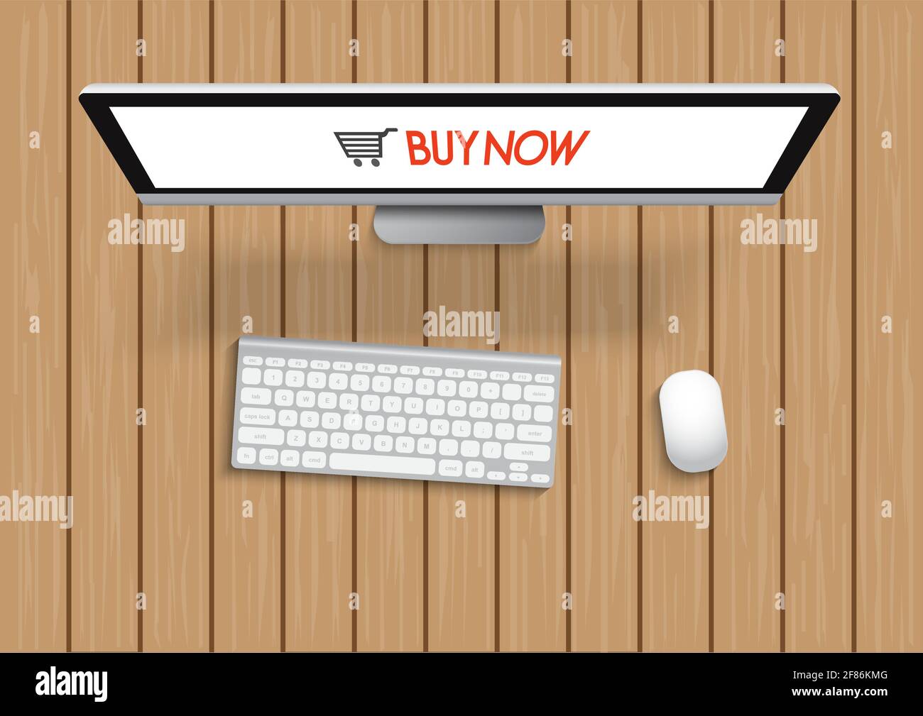 Shopping with computer and screen buy now on wooden table. Concept ...