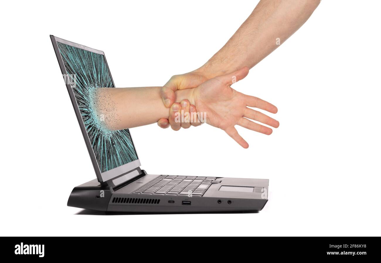 Man pulling someone through the laptop screen, isolated on white Stock ...