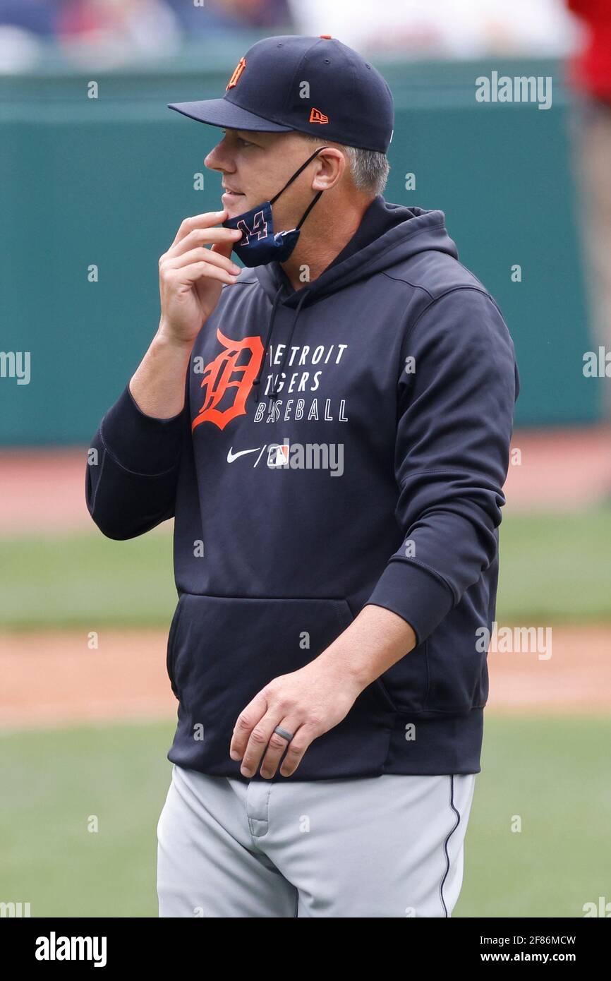 CLEVELAND, OH - APRIL 11: Detroit Tigers manager A.J. Hinch (14) looks ...
