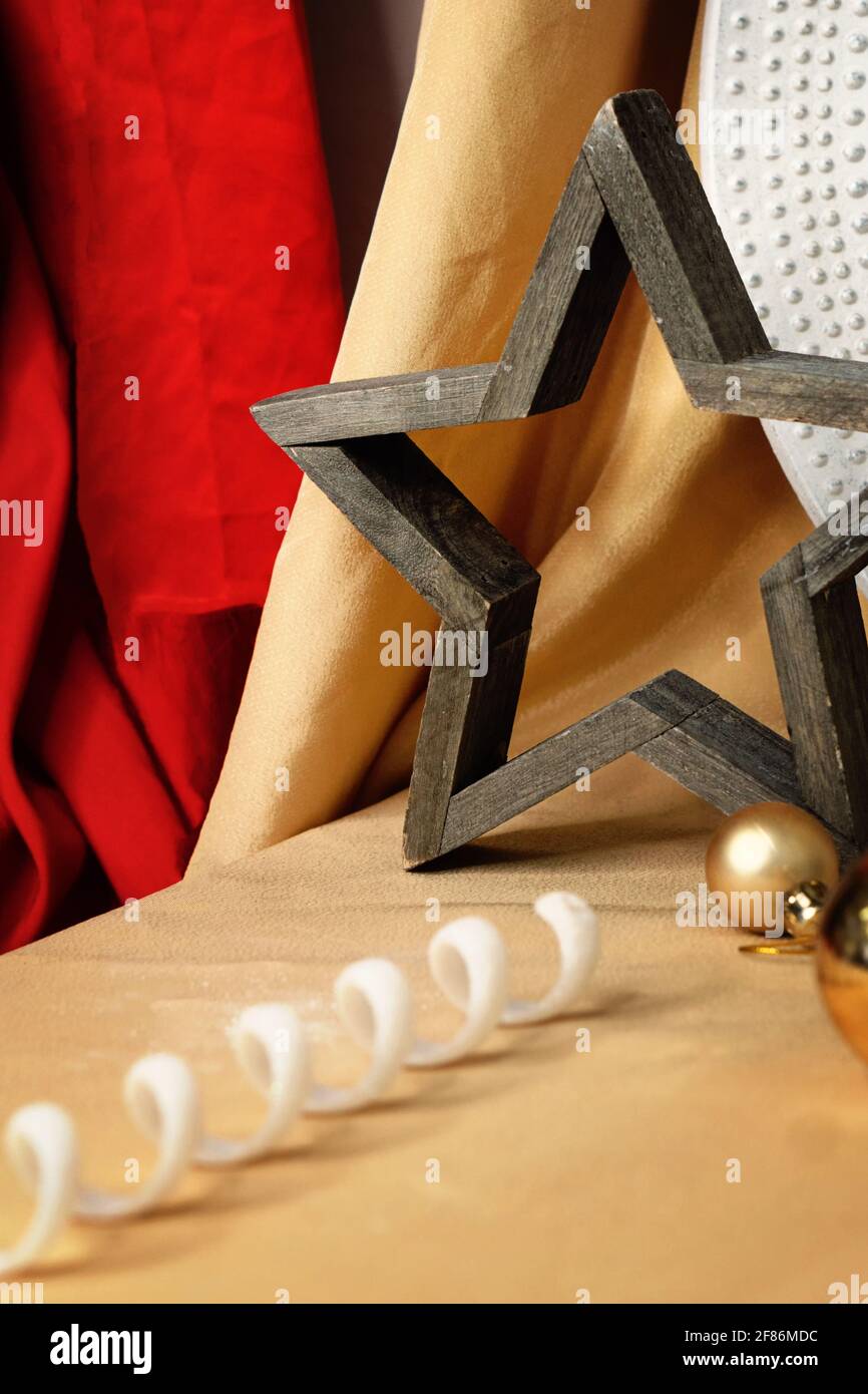 Educational still life for drawing. Decorative wooden star on fabric ...
