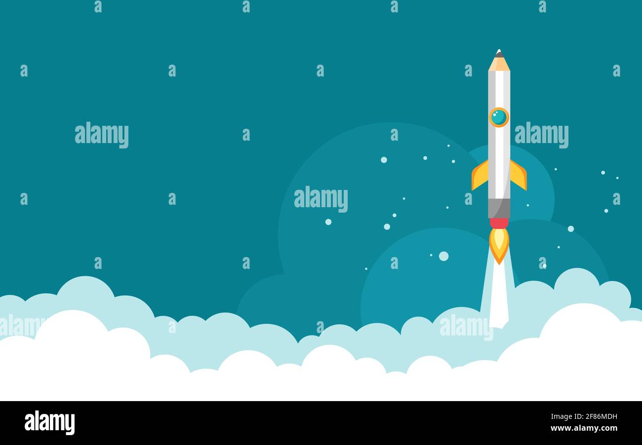 pencil rocket ship with fire. Isolated on powder blue. fantasy flat ...