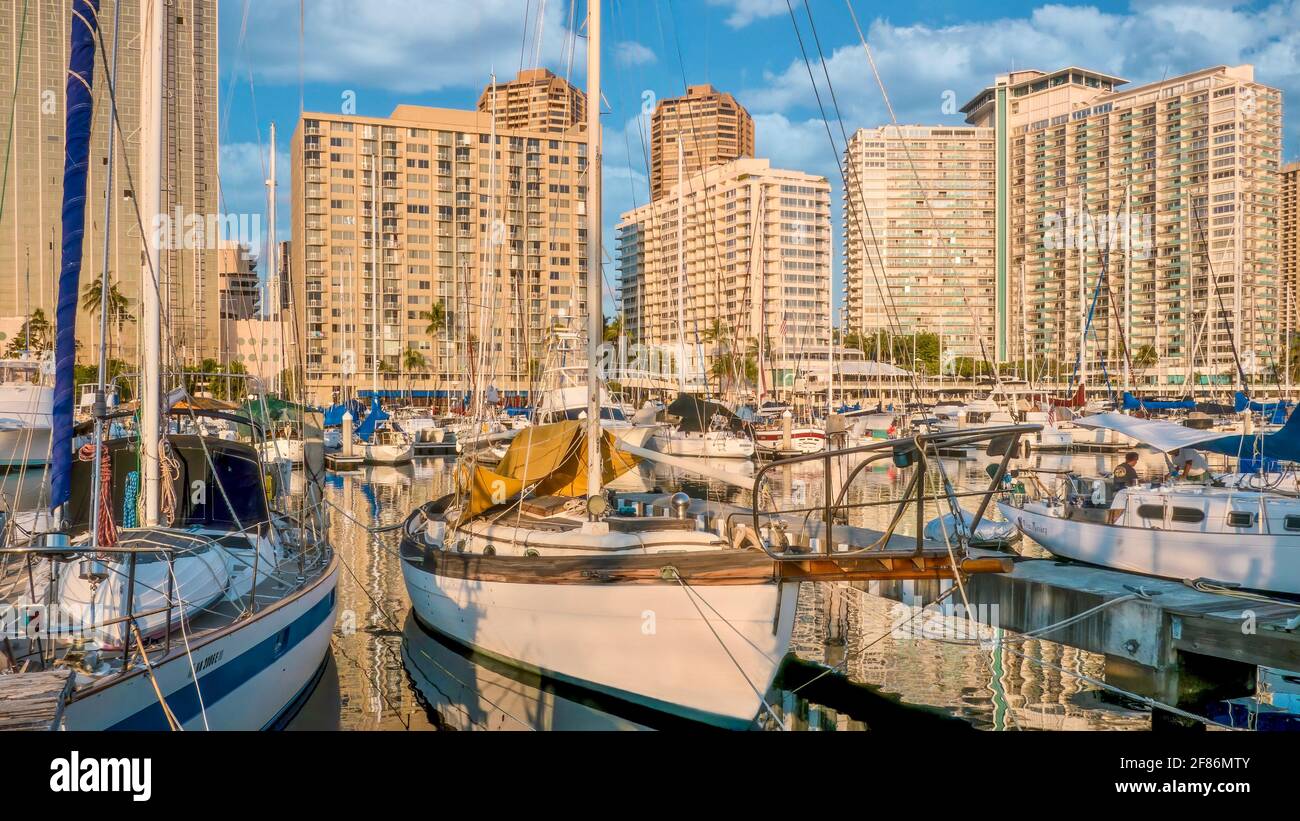 Honolulu, Hawaii - March 16, 2015. Yachts at Ala Wai Boat Harbor, a ...