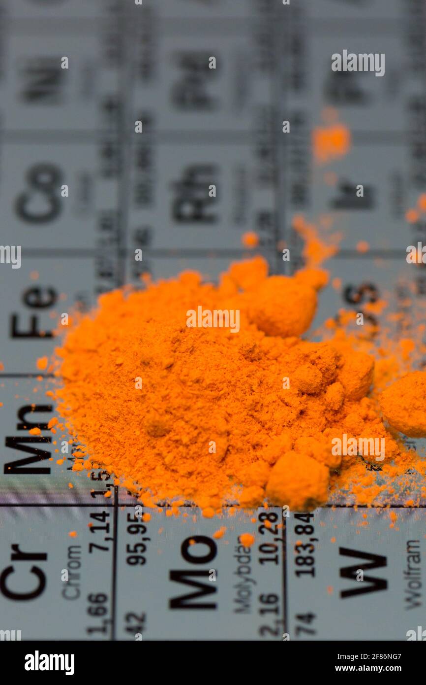 part of periodic table with orange powder substance Stock Photo - Alamy