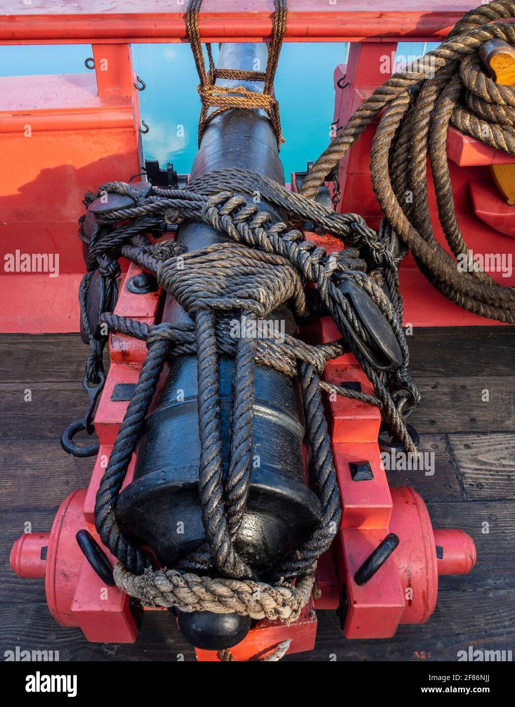 Close-up on a gun of the replica of the frigate Hermione (in service ...