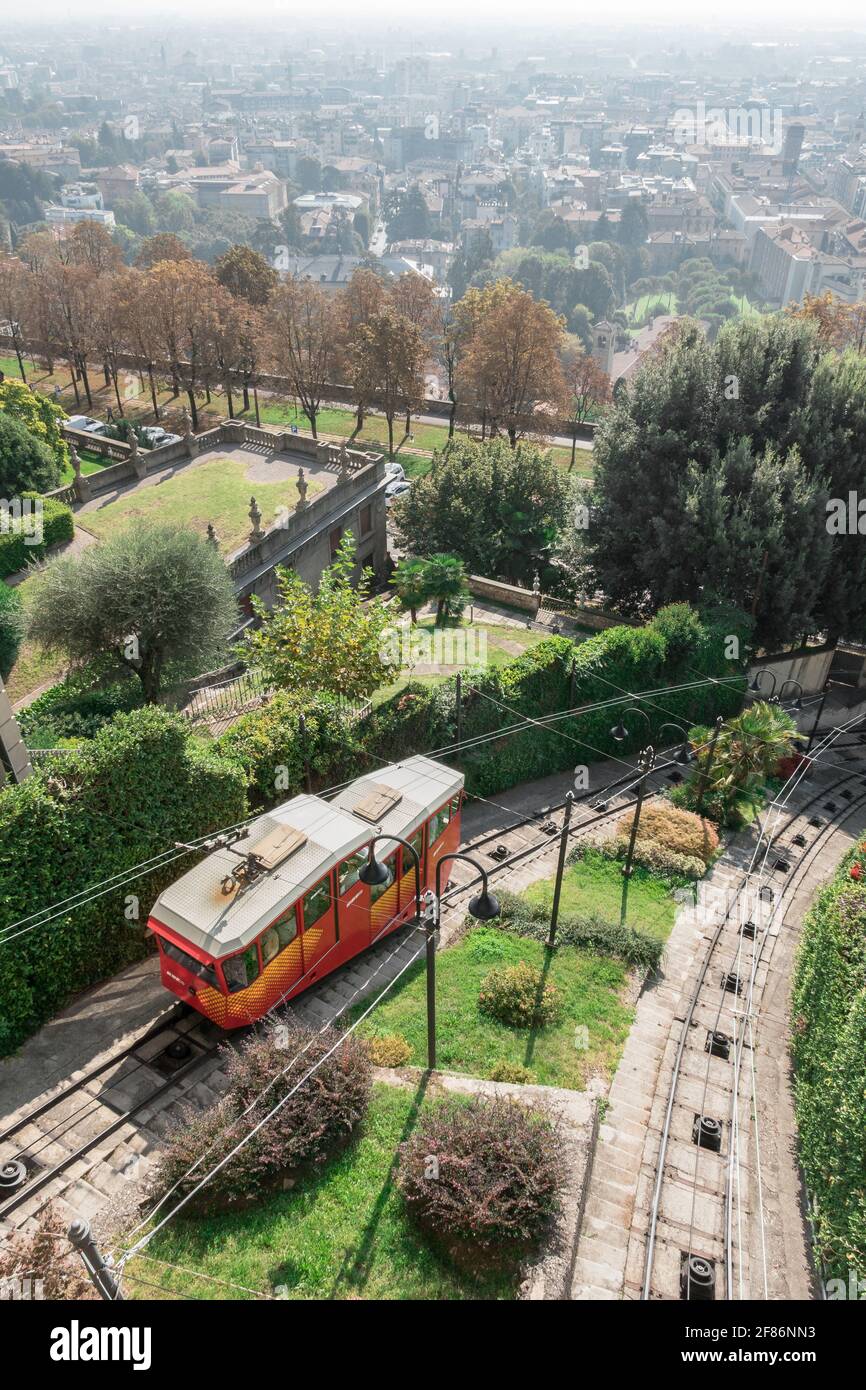 Upper city funicular line in Bergamo (Funicolare Citta Alta). Red ...