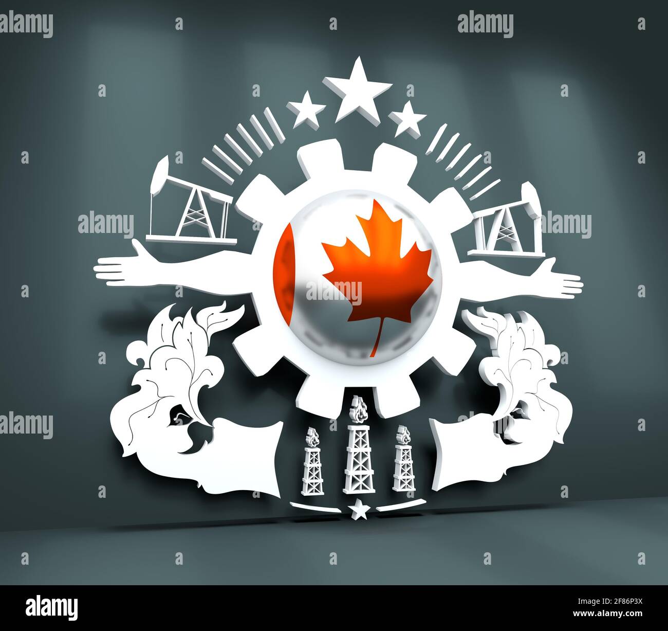 Mining industry emblem. Human arms and cog wheel. Sphere textured by ...