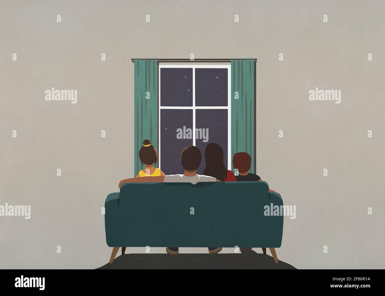 Family on sofa looking out window at starry night sky Stock Photo - Alamy