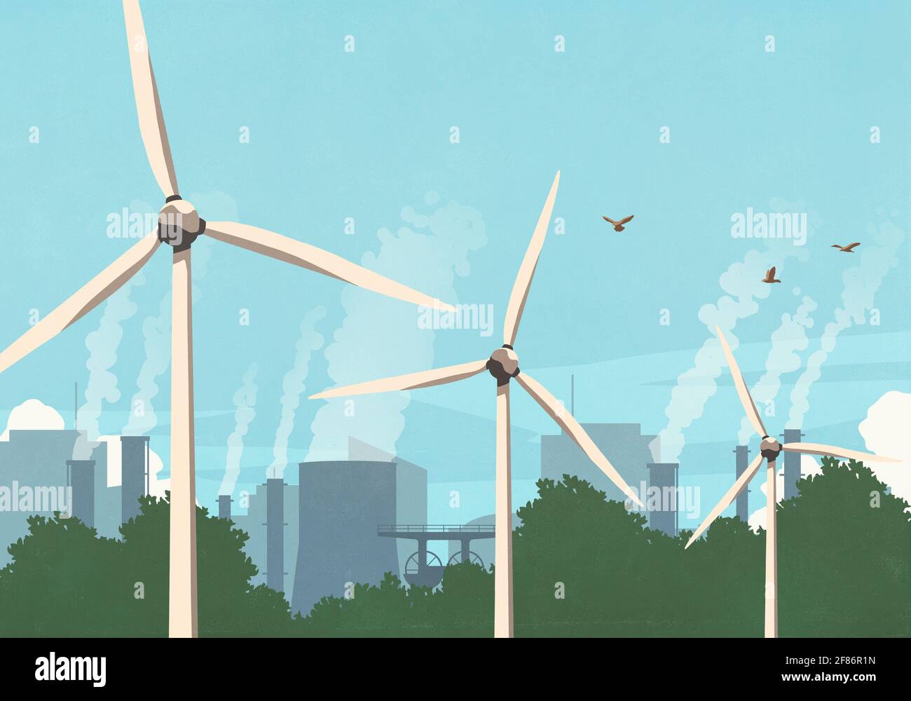 Pollution from factory smokestacks behind wind turbines Stock Photo - Alamy