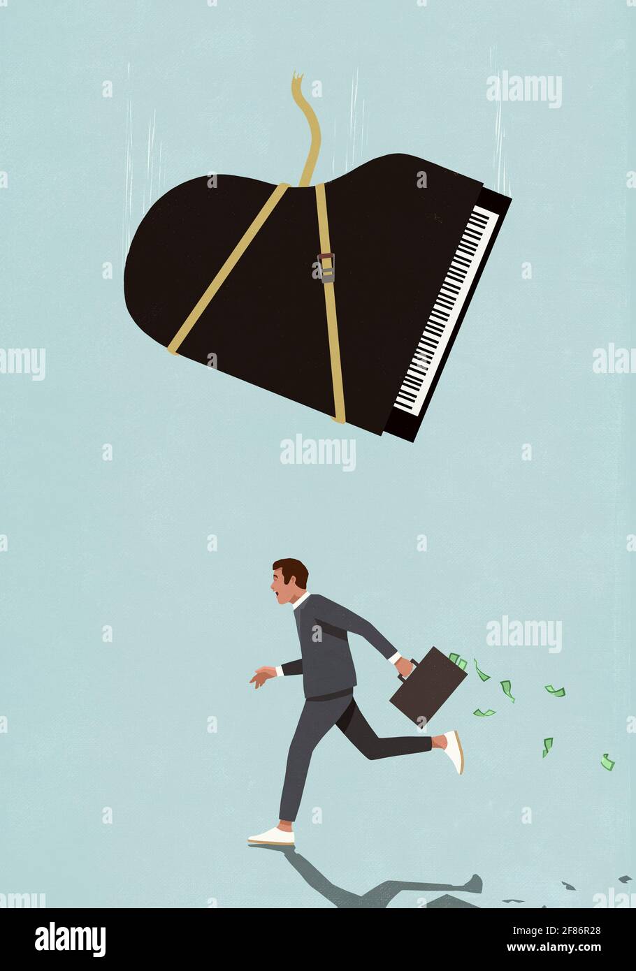 Grand piano falling above businessman running with money Stock Photo ...
