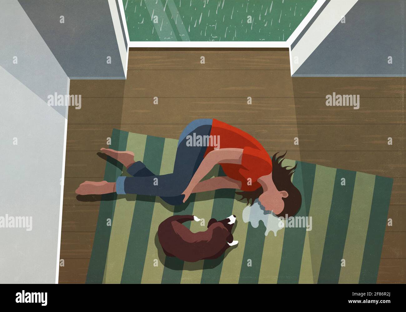 Dog laying next to depressed woman crying on floor Stock Photo - Alamy