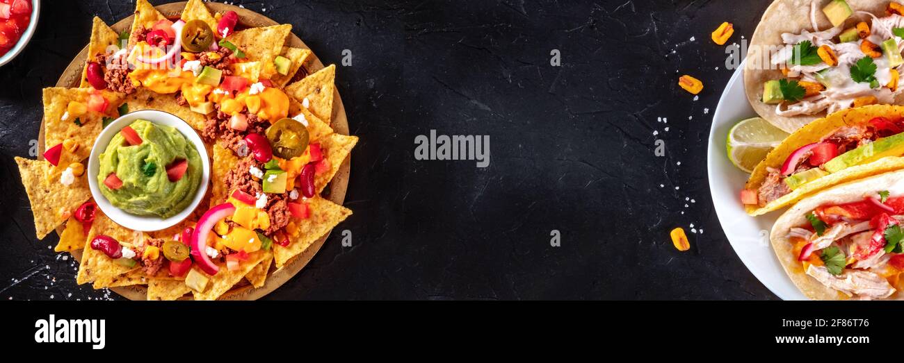 Mexican food banner for a restaurant menu. Top shot of nachos and tacos ...