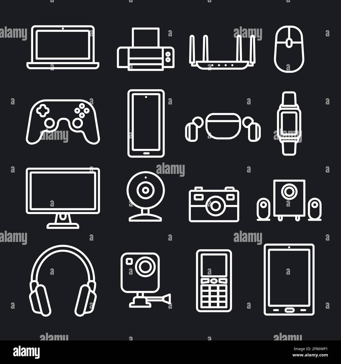 Thin black and white outline icons set. Icons for technology, digital ...