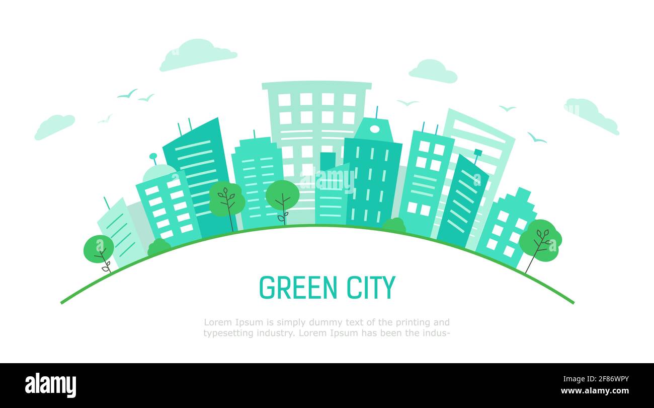 Banner or poster with an ecological green city. Panorama green city in ...