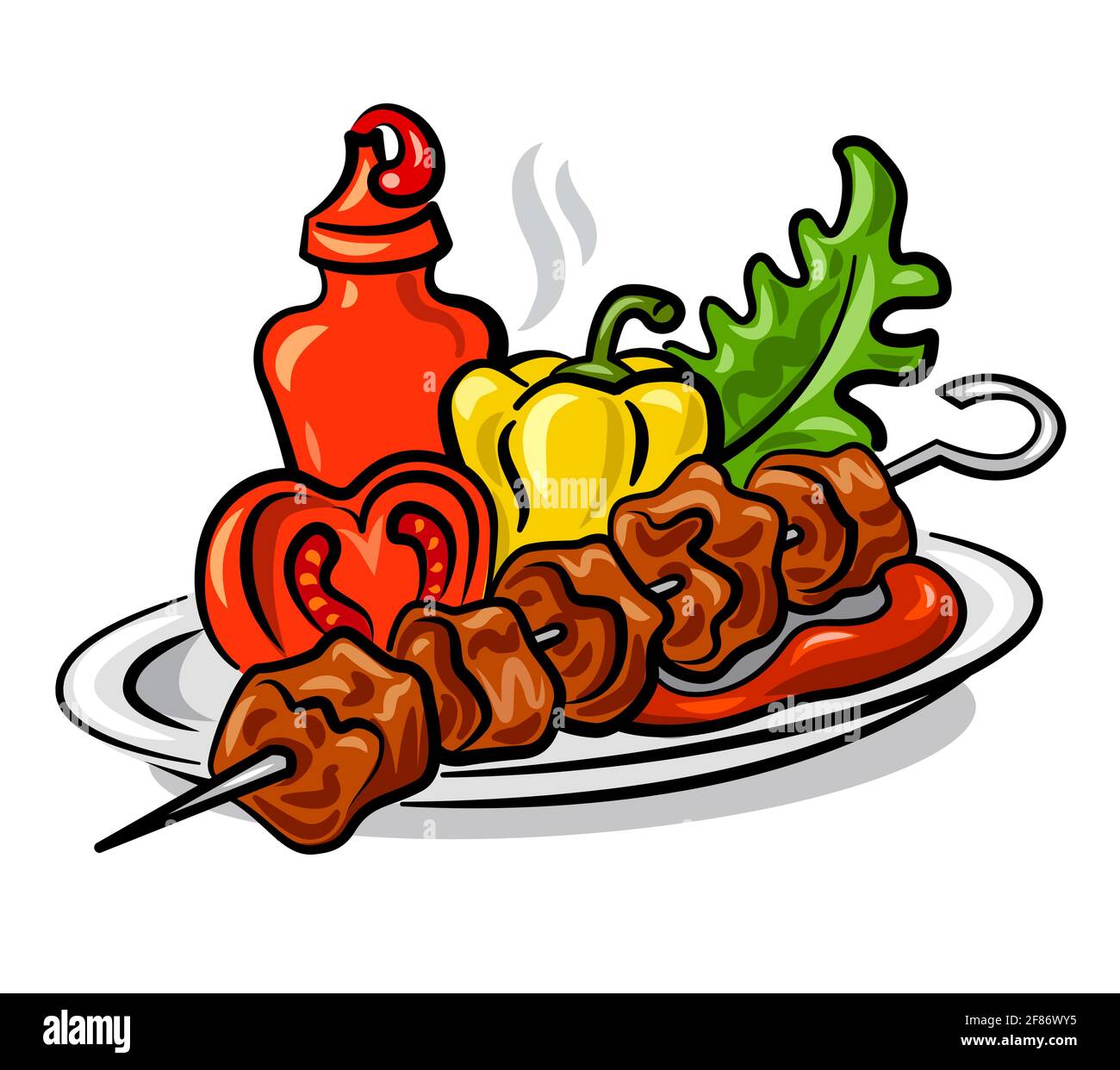 illustration of the grilled hot kebab with tomato ketchup, vegetables ...