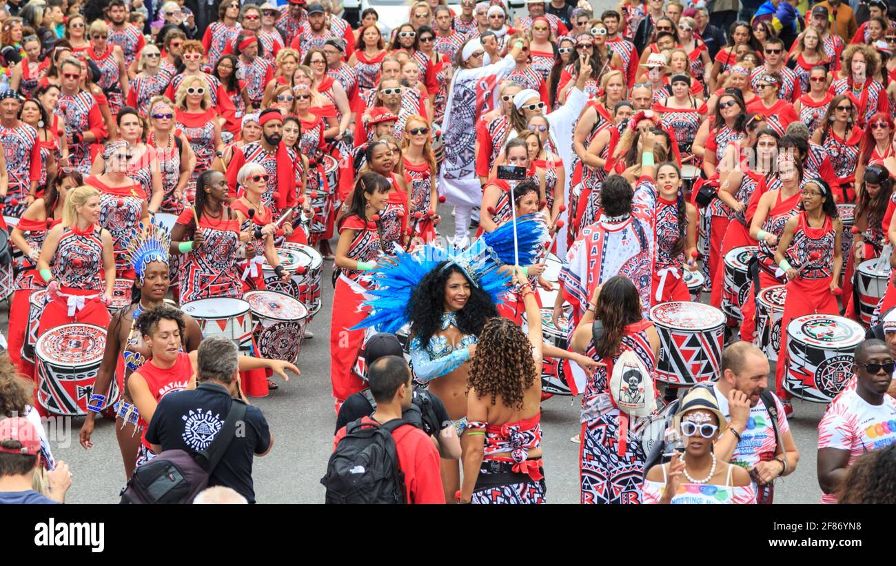 Batala Brazilian Band steel drummers, Notting Hill Carnival parade ...