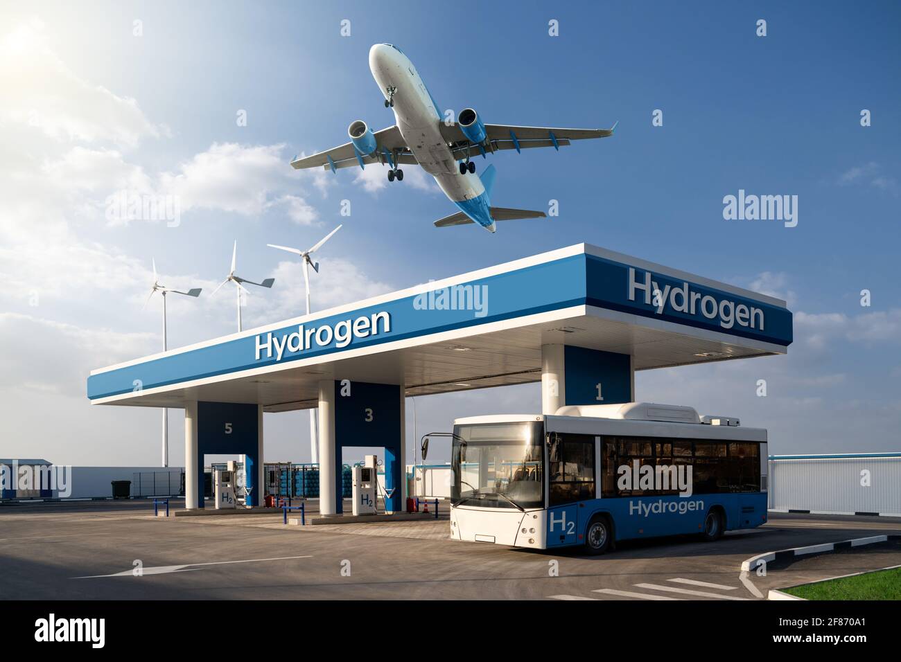 Fuel cell bus at the hydrogen filling station and airplane in the sky ...