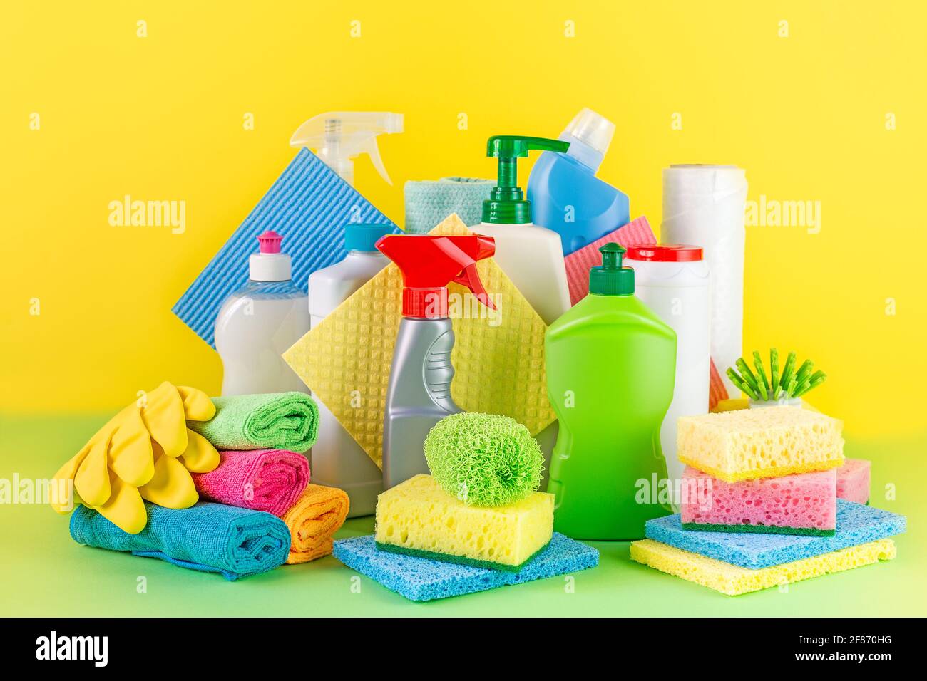 A bright set of various cleaning products. Cleaning concept. House ...