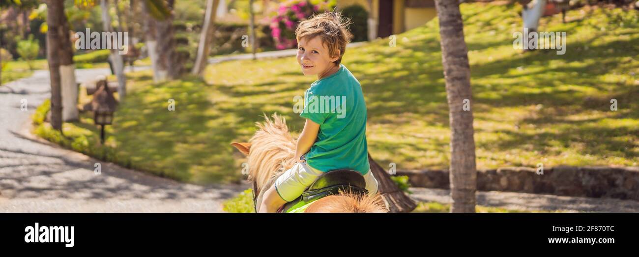 Smiling, young boy ride a pony horse. Horseback riding in a tropical ...