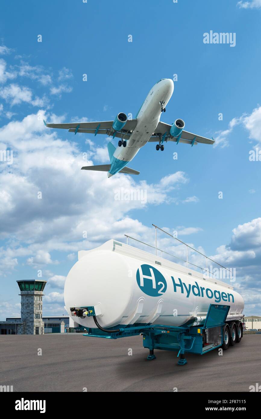 Airplane and hydrogen tank trailer on the background of airport. New ...