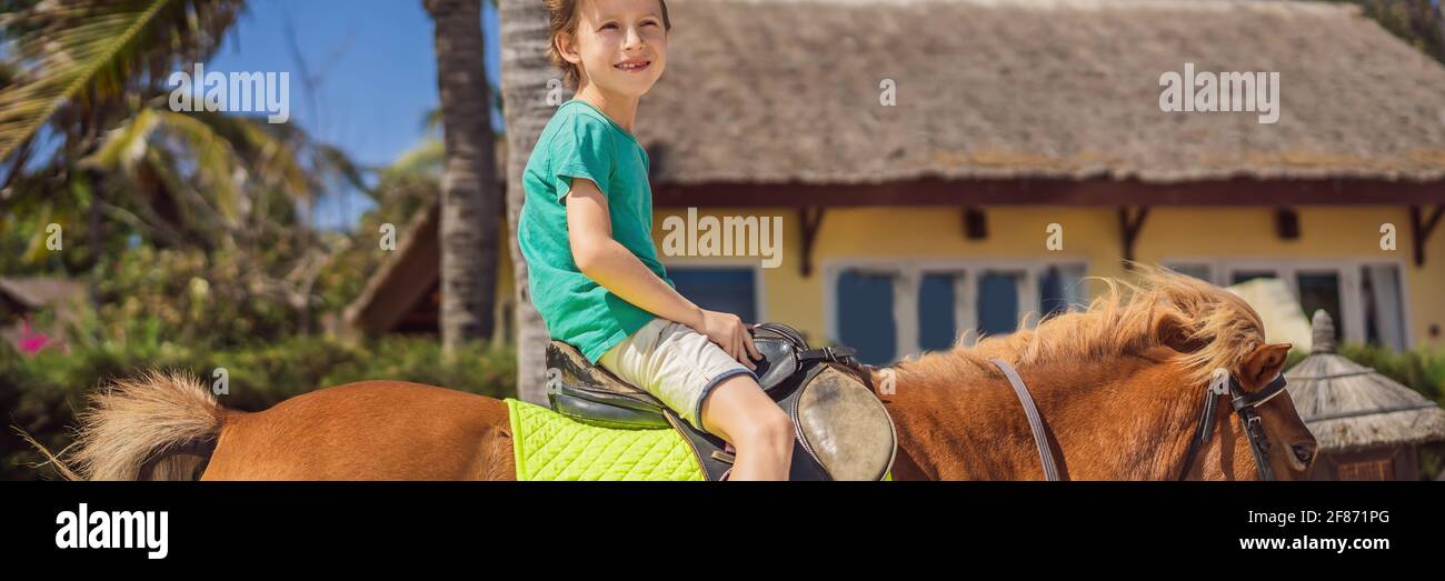 Smiling, young boy ride a pony horse. Horseback riding in a tropical ...