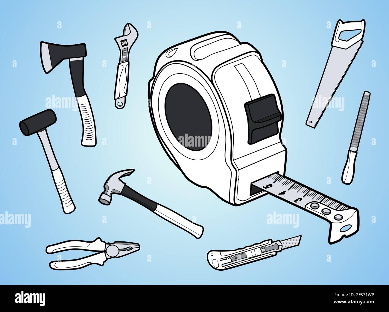 Working tools icon set vector illustration line art on sky background ...