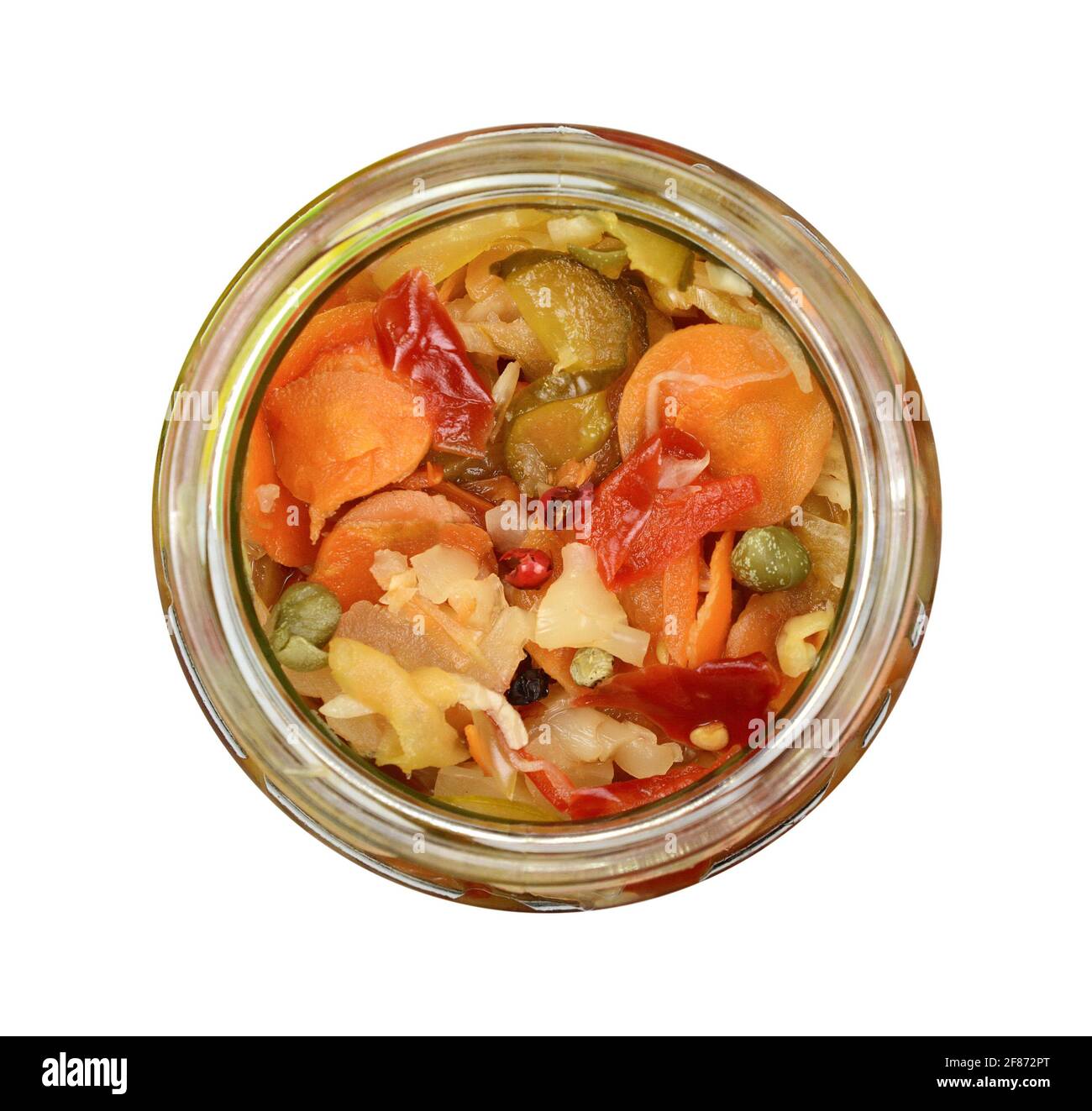 Glass jar with homemade pickled vegetable mix isolated on white ...