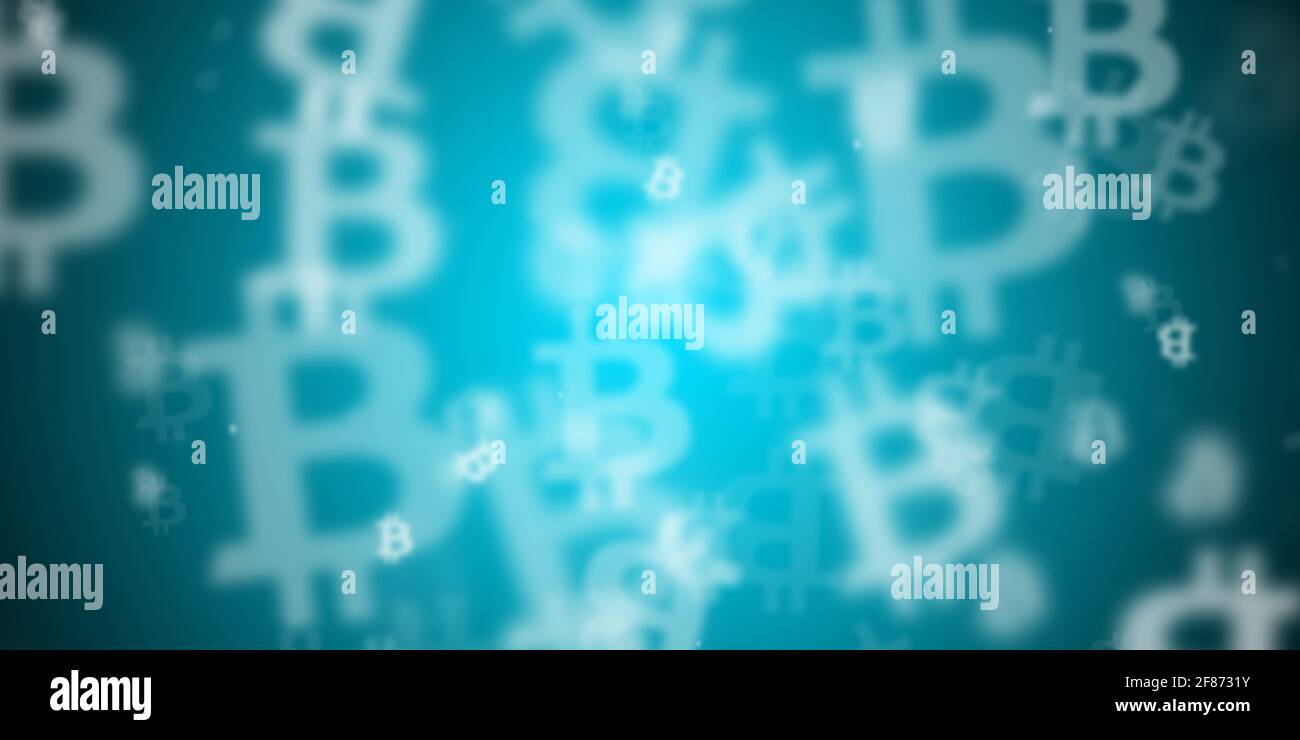 Flying bitcoin logos over light blue background Stock Photo - Alamy
