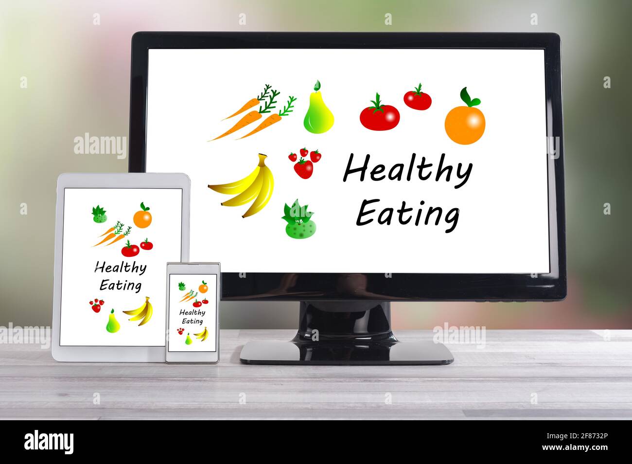 Healthy eating concept shown on different information technology ...