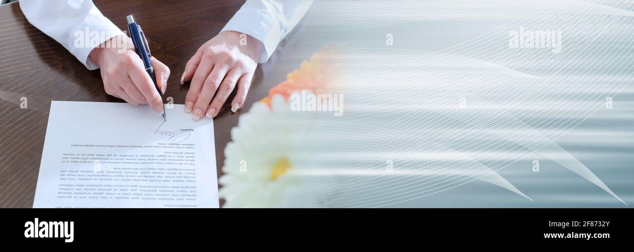 Businesswoman signing a document, top view; panoramic banner Stock ...