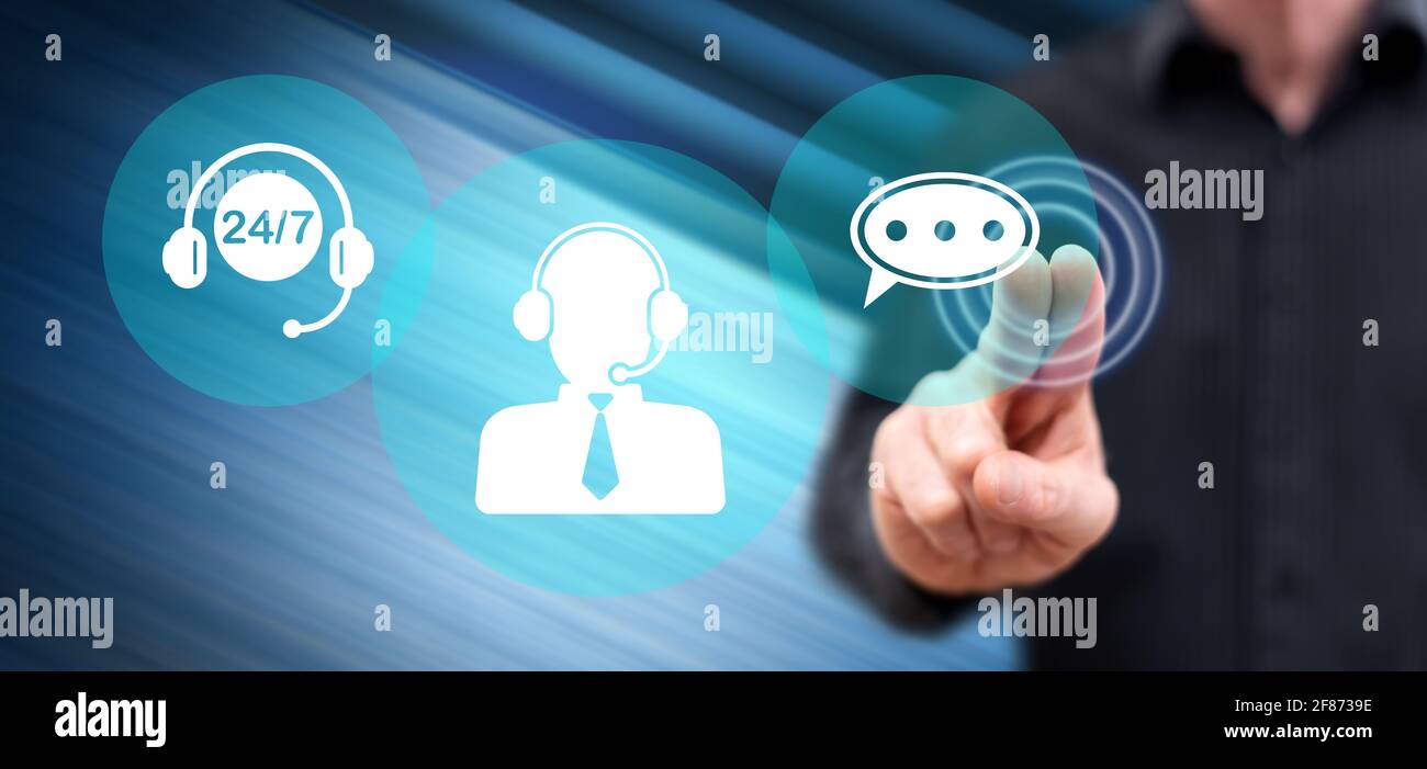 Man touching a call center concept on a touch screen with his fingers ...