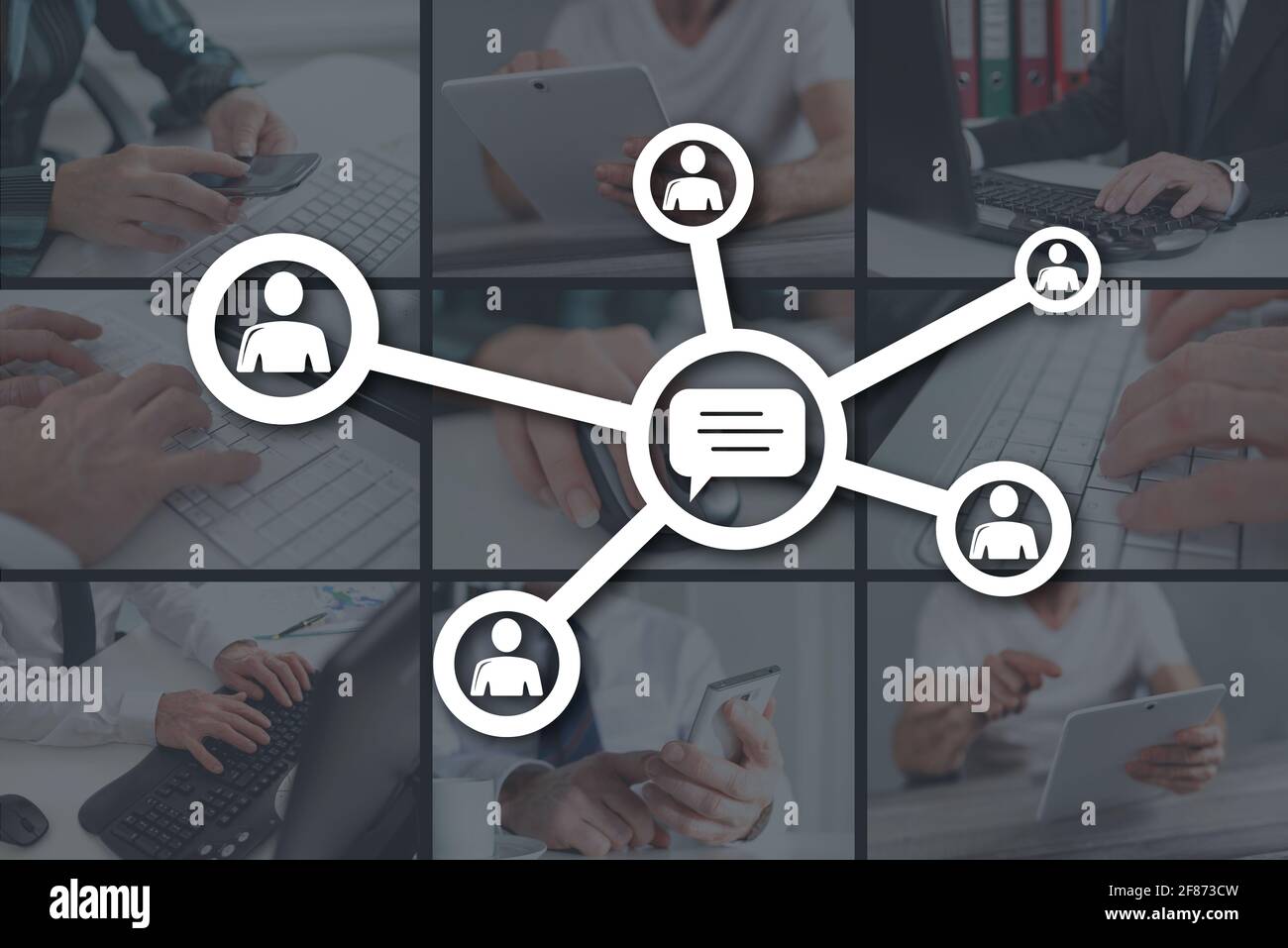 Communication network concept illustrated by pictures on background ...