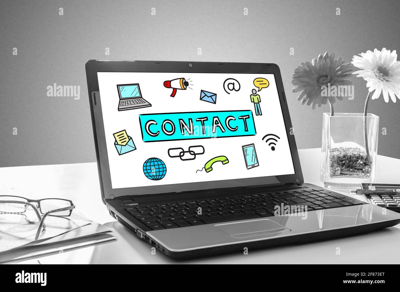 Laptop screen showing contact concept Stock Photo - Alamy