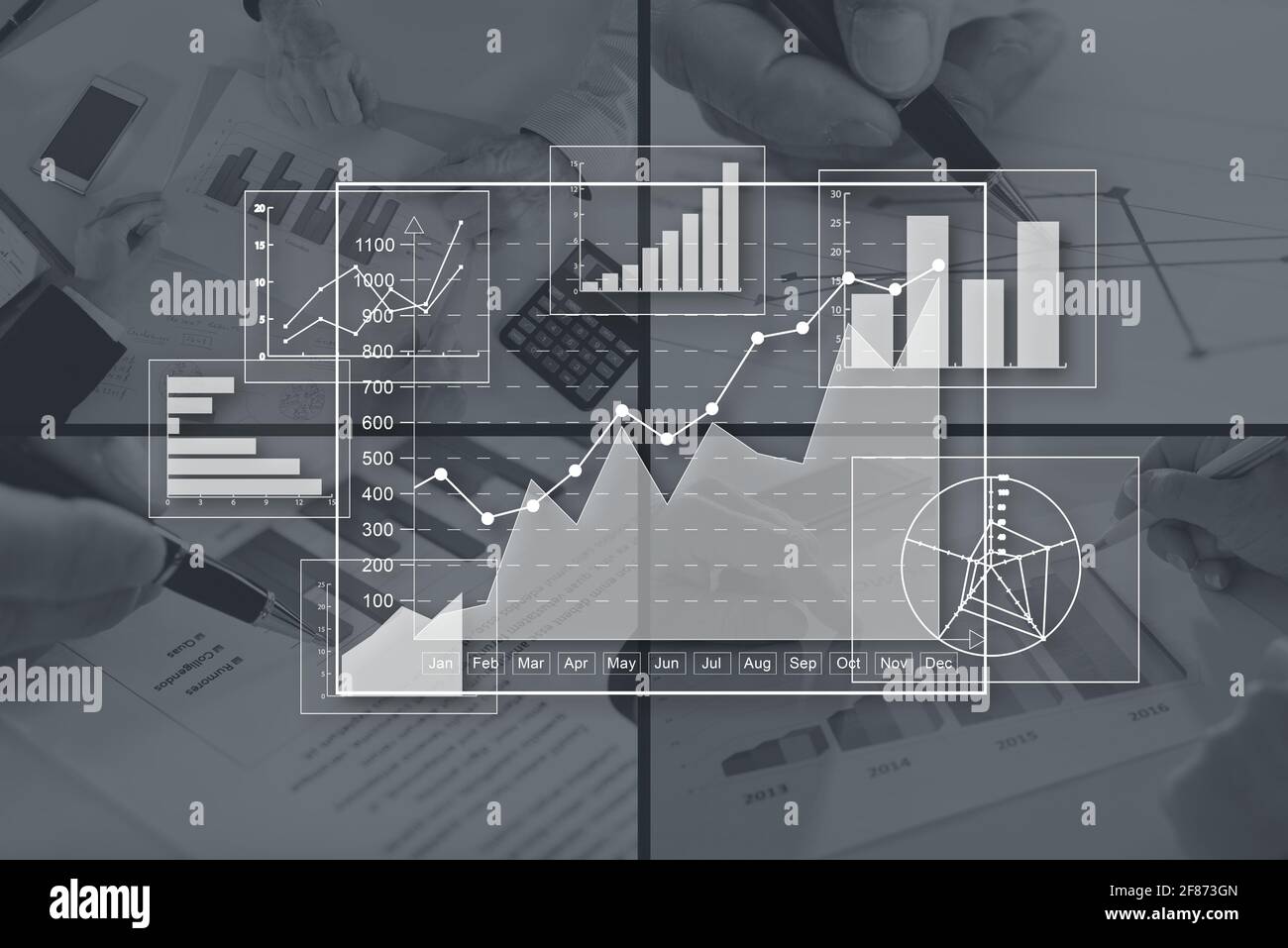 Business analysis concept illustrated by pictures on background Stock ...
