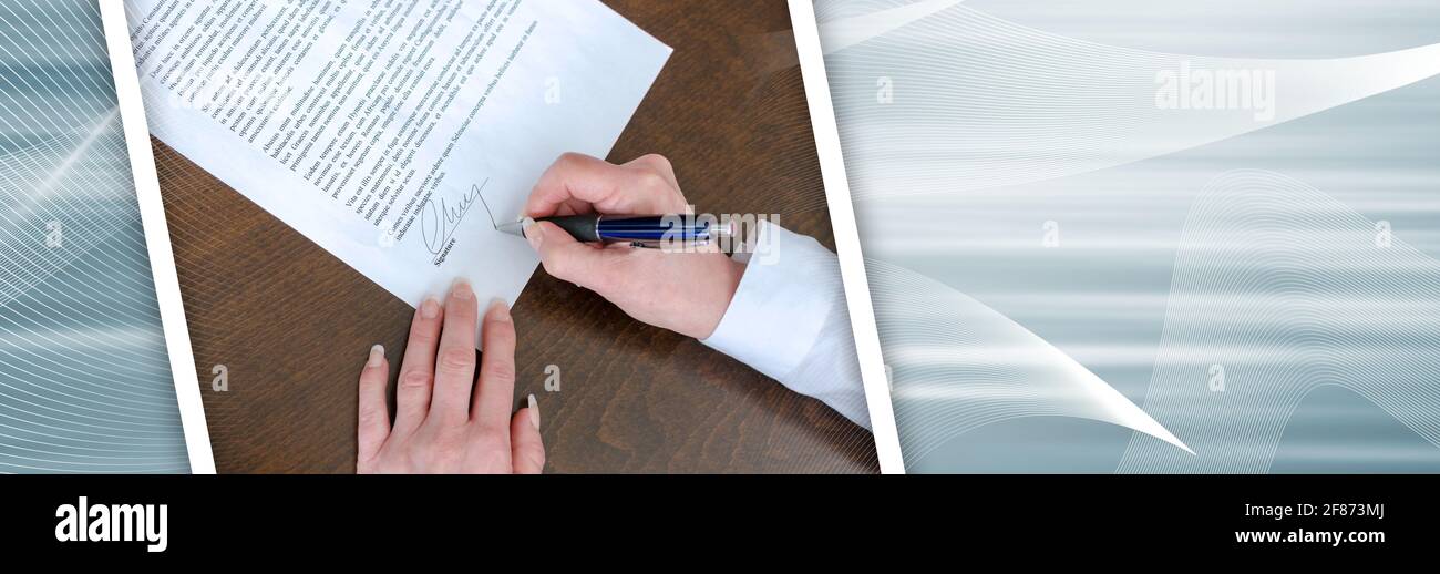 Businesswoman signing a document, top view; panoramic banner Stock ...
