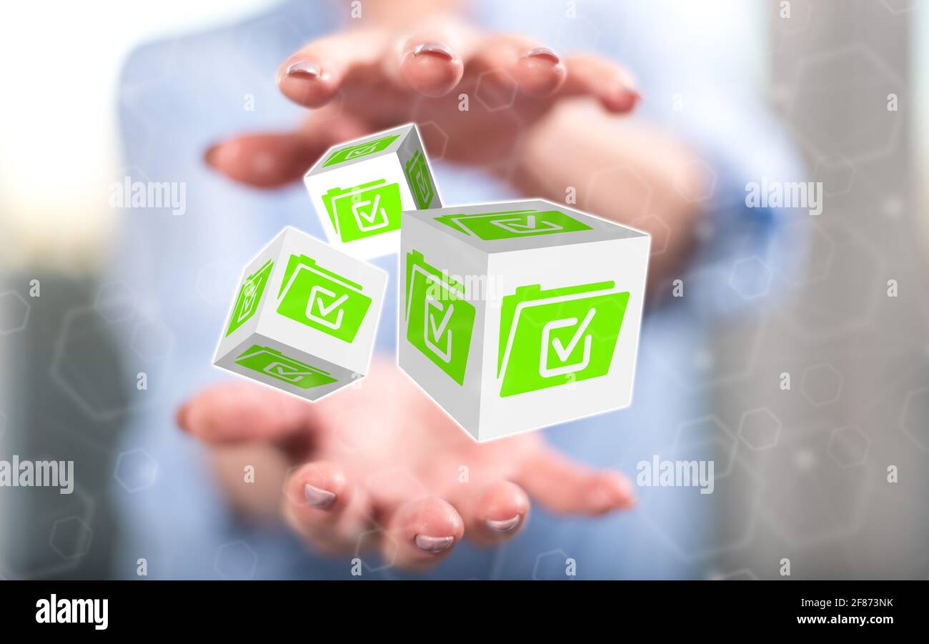 Document validation concept between hands of a woman in background ...