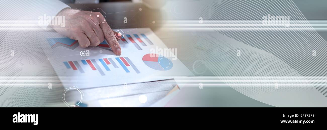 Businessman analyzing financial paperwork, double exposure, light ...