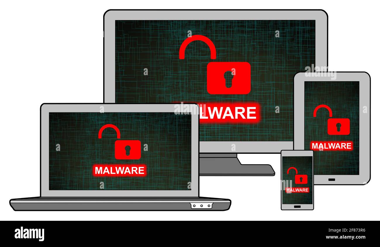 Malware concept shown on different information technology devices Stock ...