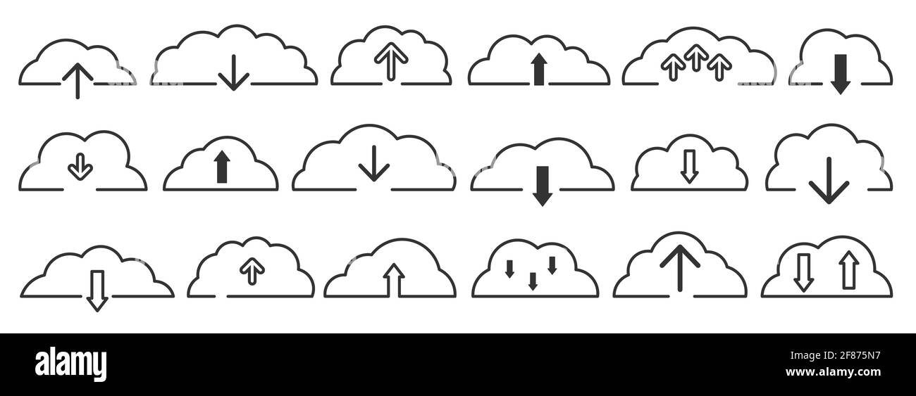 Line black vector flat vector cloud set with arrow. Clouds cartoon ...