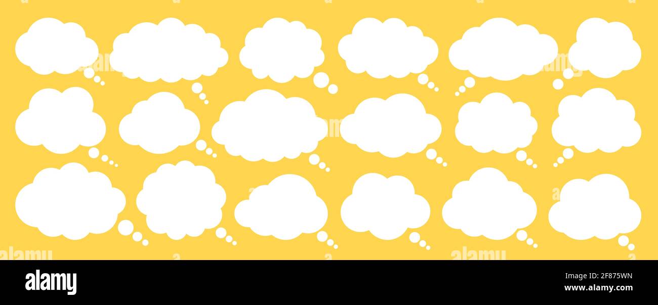 White speech flat vector cloud set. Clouds cartoon symbols on yellow ...