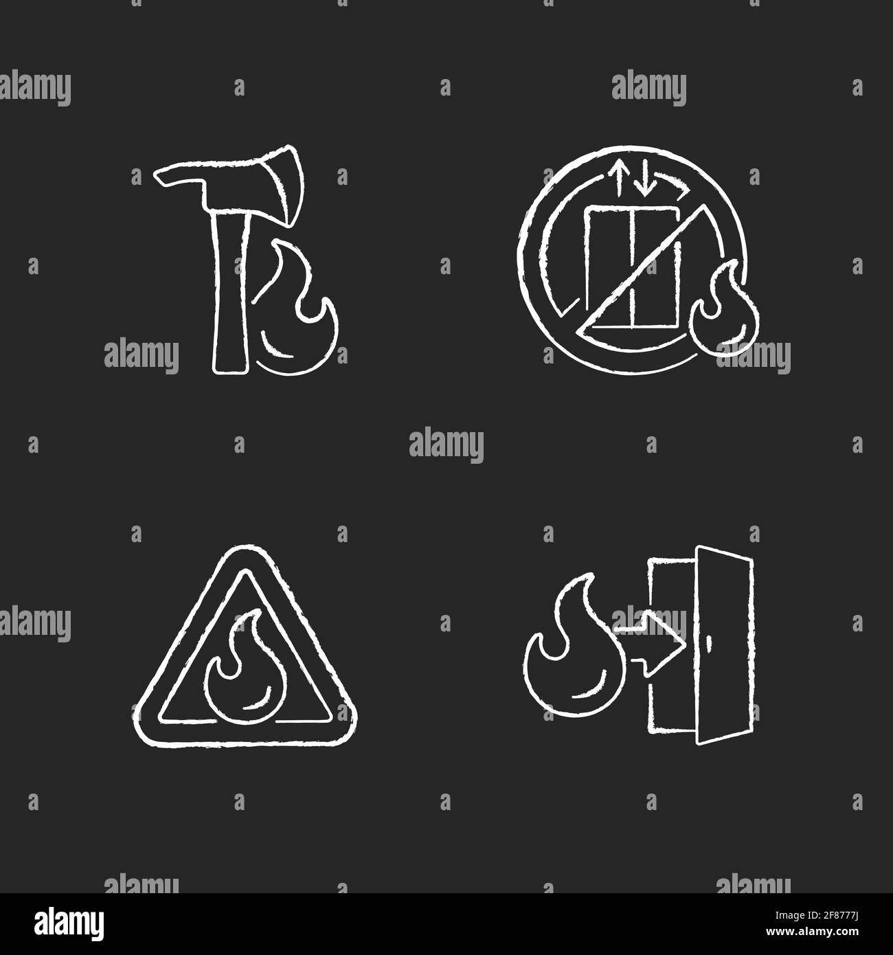 Workplace fire safety chalk white icons set on black background Stock ...