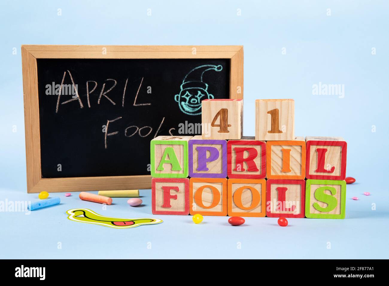 Closeup of a board with an "April Fools Day" message on a colorful ...