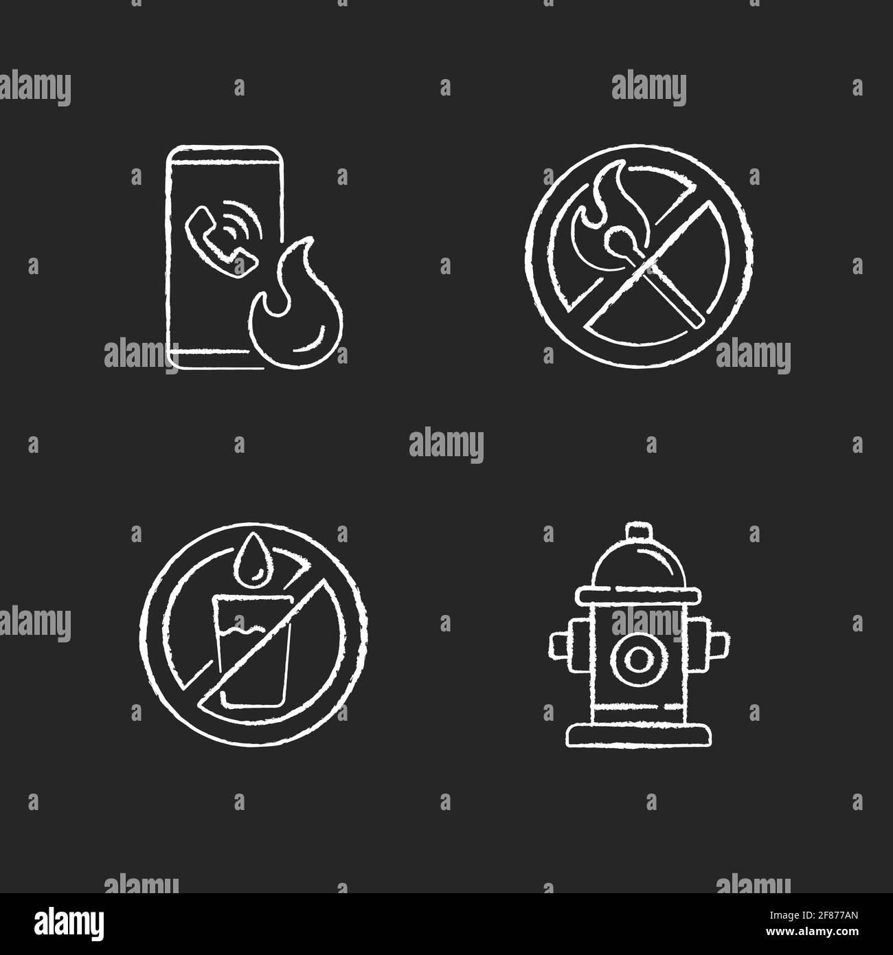 Emergency instructions for fire safety chalk white icons set on black ...