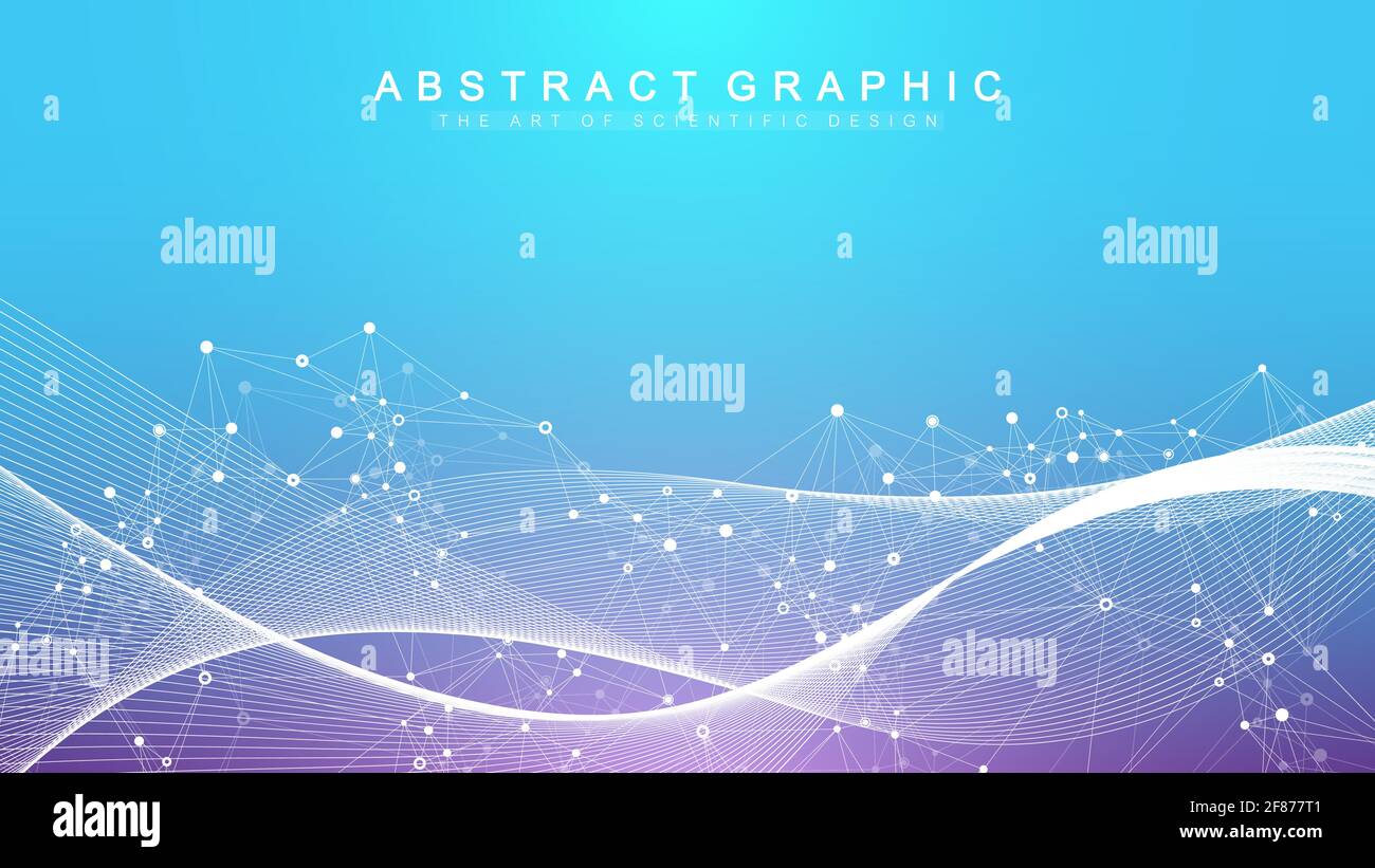 Digits abstract background with connected line and dots, wave flow. Digital neural networks ...