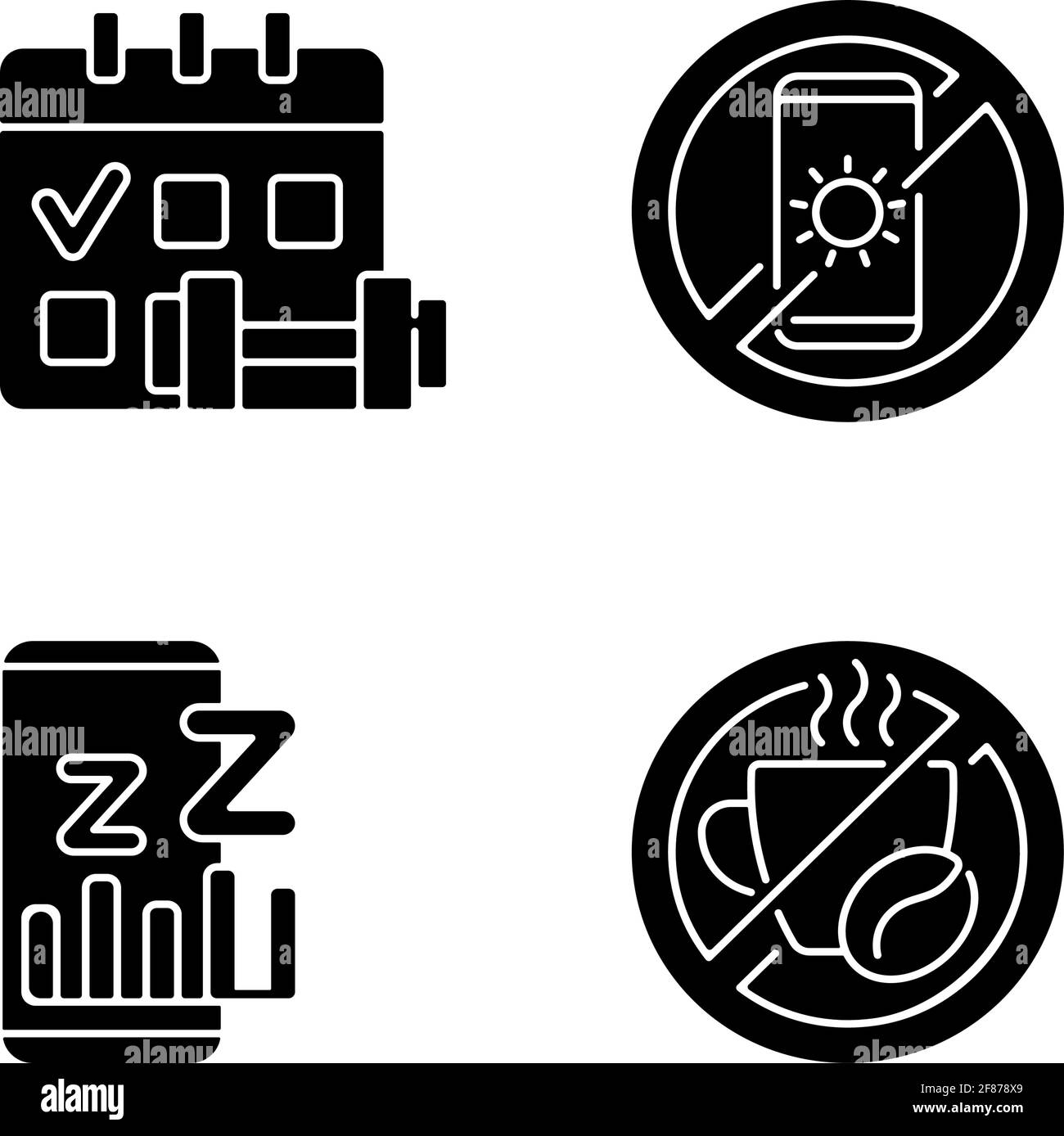 Recommendations to prevent insomnia black glyph icons set on white ...