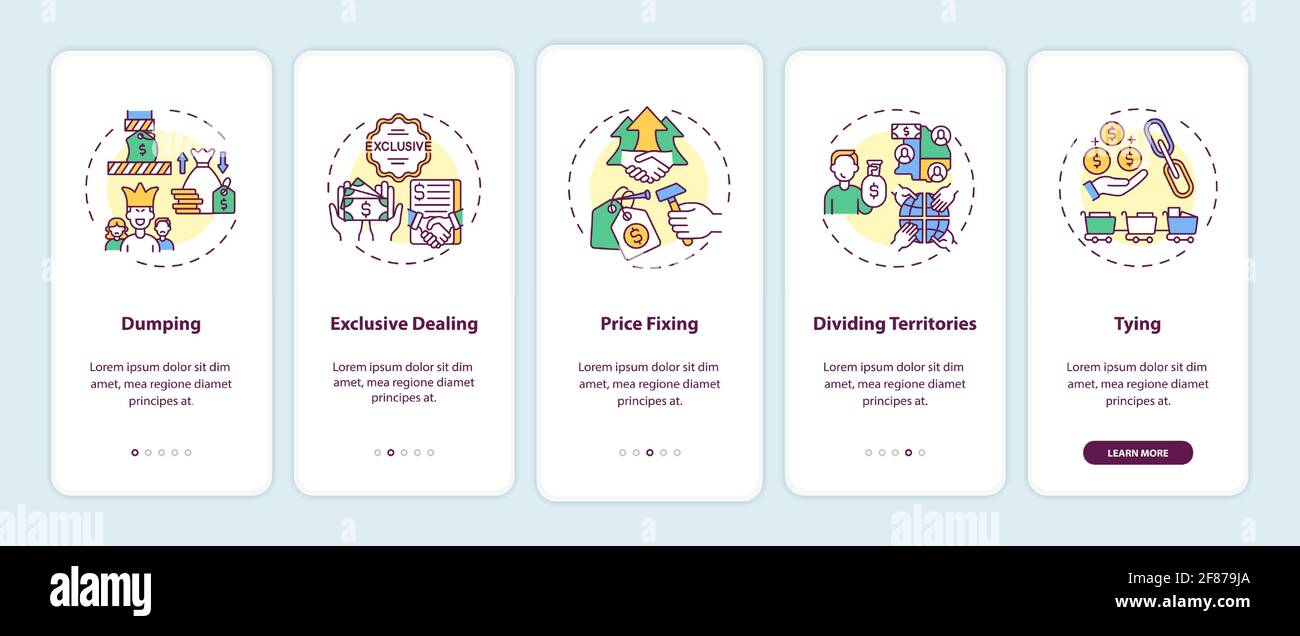 Anti-competitive practices types onboarding mobile app page screen with ...