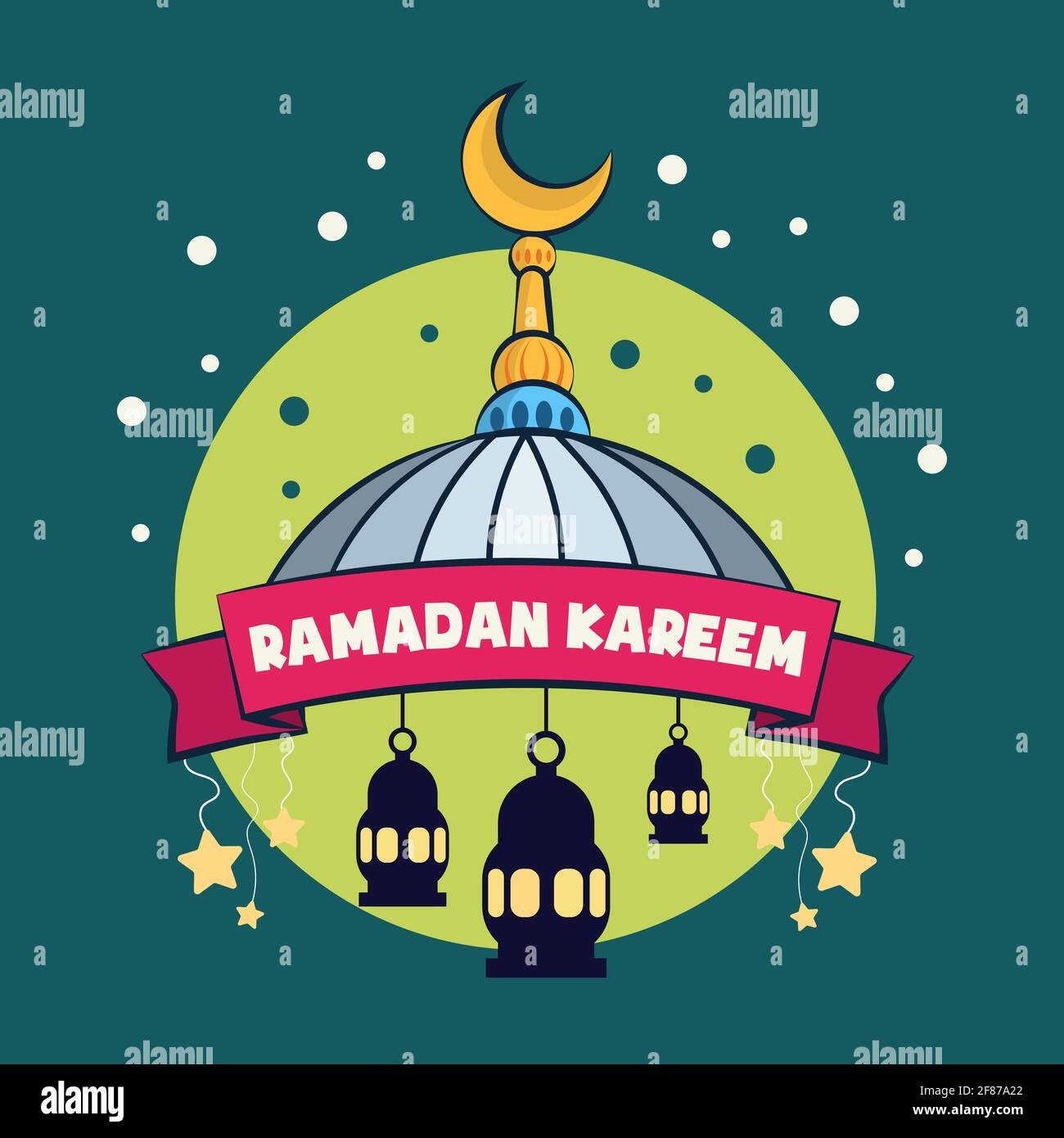 Ramadan Kareem poster, Ramzan lantern, crescent moon and mosque flat ...
