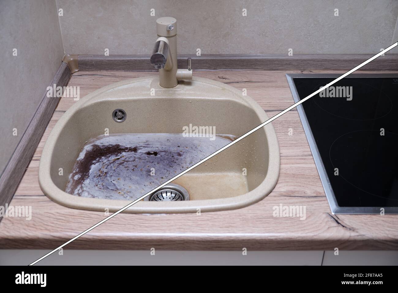 Before and after removing a blockage in a sink. Sink in the kitchen ...