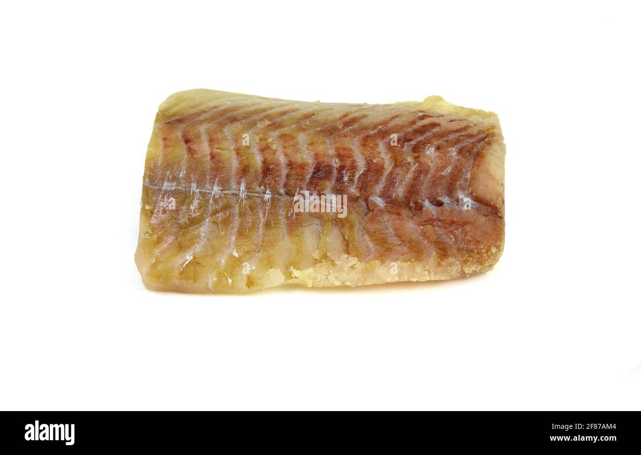 Raw cod fillet before cooking. Isolated over white background Stock ...