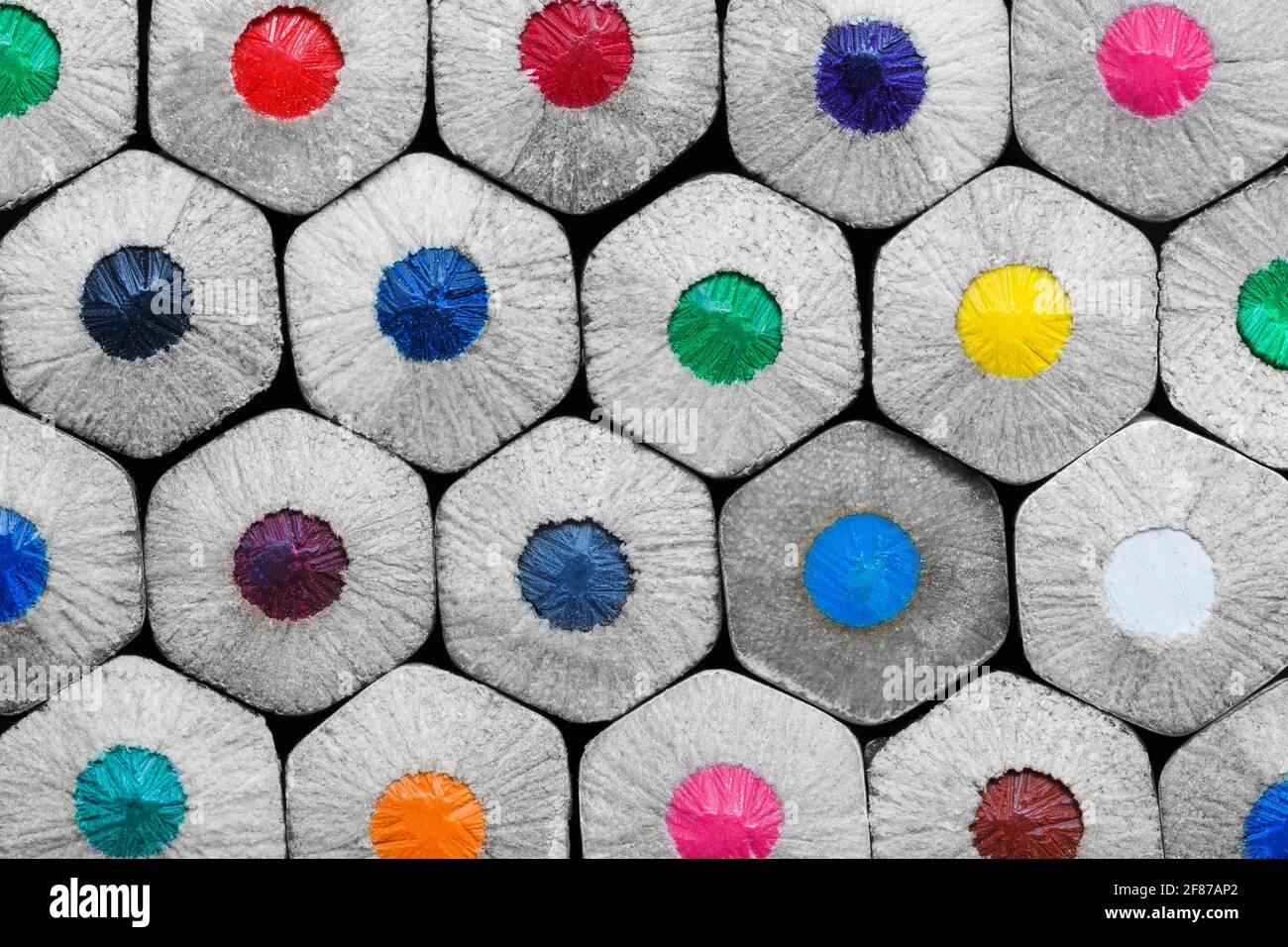 Close-up ends of hexagonal colored pencils. Macro photography Stock ...